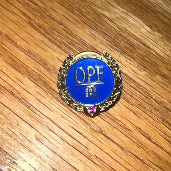 Jewelry | Vintage Small Opf Era Blue And Gold Pin With Red Jewel | Poshmark